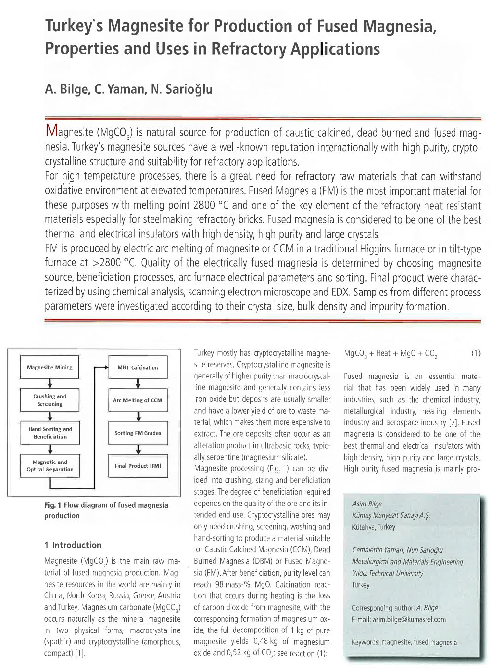 Turkey's Magnesite for Production of Fused Magnesia, Properties and ...